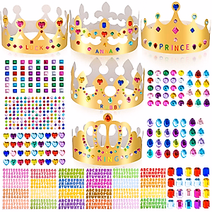 MGZTTHW Gold Paper Crown Set for Kids, DIY Crown Kit with Jewels Gem Number Letter Stickers for Birthday Party Decor and Craft Projects, 15 Pcs Adjustable Crown Hats in 5 Styles
