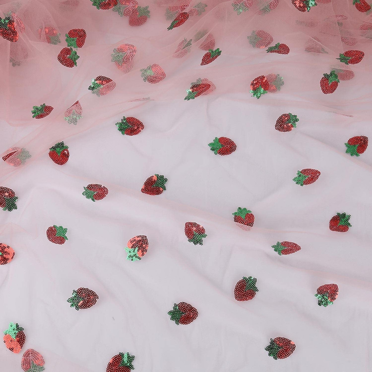 Lovely Sequins Embroidered Strawberry Net Fabric Lightweight Tulle Netting for Sewing Dresses - 60 inches Wide, 2 Yards Precut - Pink