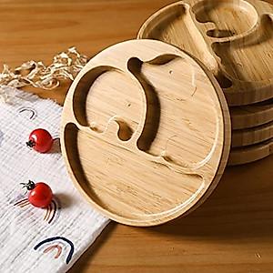 Suction Plates for Baby & Toddler, Bamboo Divided Platter Feeding Dishes with Silicone Fork& Spoon, All-Natural Baby Food Plate Stays for Baby-Led Weaning, Non-Slip Design