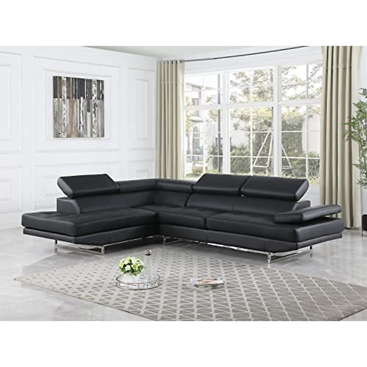 BlackJack Furniture Union Modern Faux Leather Sofa with Adjustable Headrests, Chaise, Elegant Tufted Seat, High-Density Foam and Stainless Steel Legs, Left Facing Sectional, Black