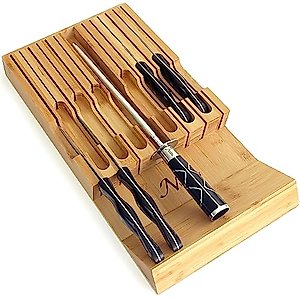 In-Drawer Bamboo Knife Block Holds 12 Knives (Not Included) Without Pointing Up PLUS a Slot for your Knife Sharpener! Noble home & chef Knife Organizer Made from Quality Moso Bamboo