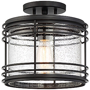Possini Euro Design Mackie Modern Outdoor Semi Flush-Mount Ceiling Light Fixture Black Geometric 11" Clear Seedy Glass for Exterior House Porch Patio Outside Deck Garage Front Door Garden Home