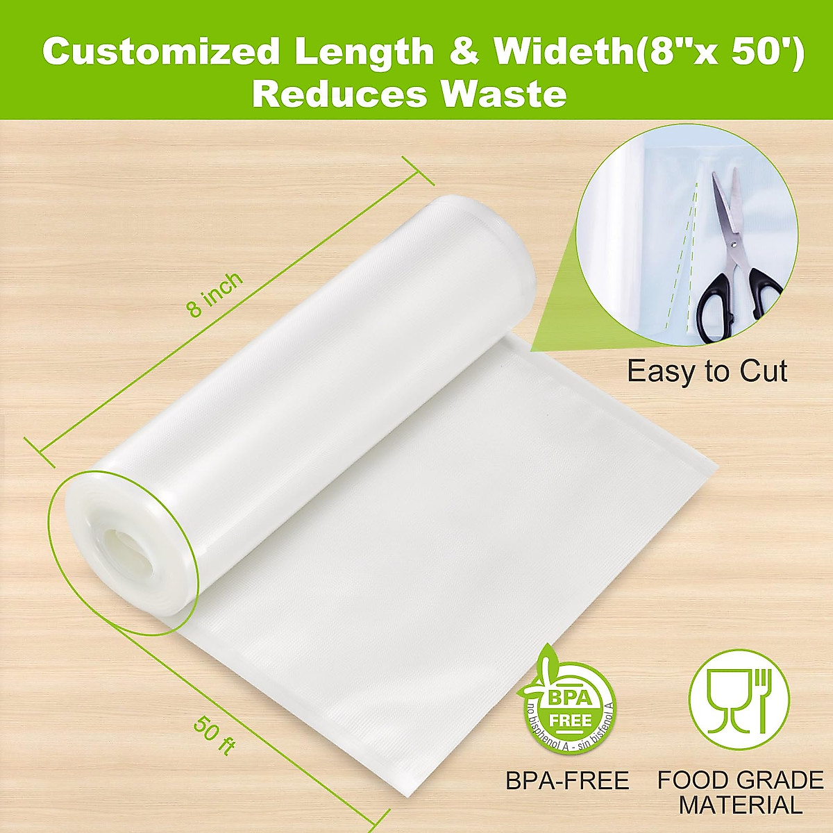 Vacuum Sealer Bags 8" x 50' & 11" x 50' + 100 Pint 6" x 10" + 2 Rolls 8" x 50' Rolls (Total 4 Rolls + 100 Pint)