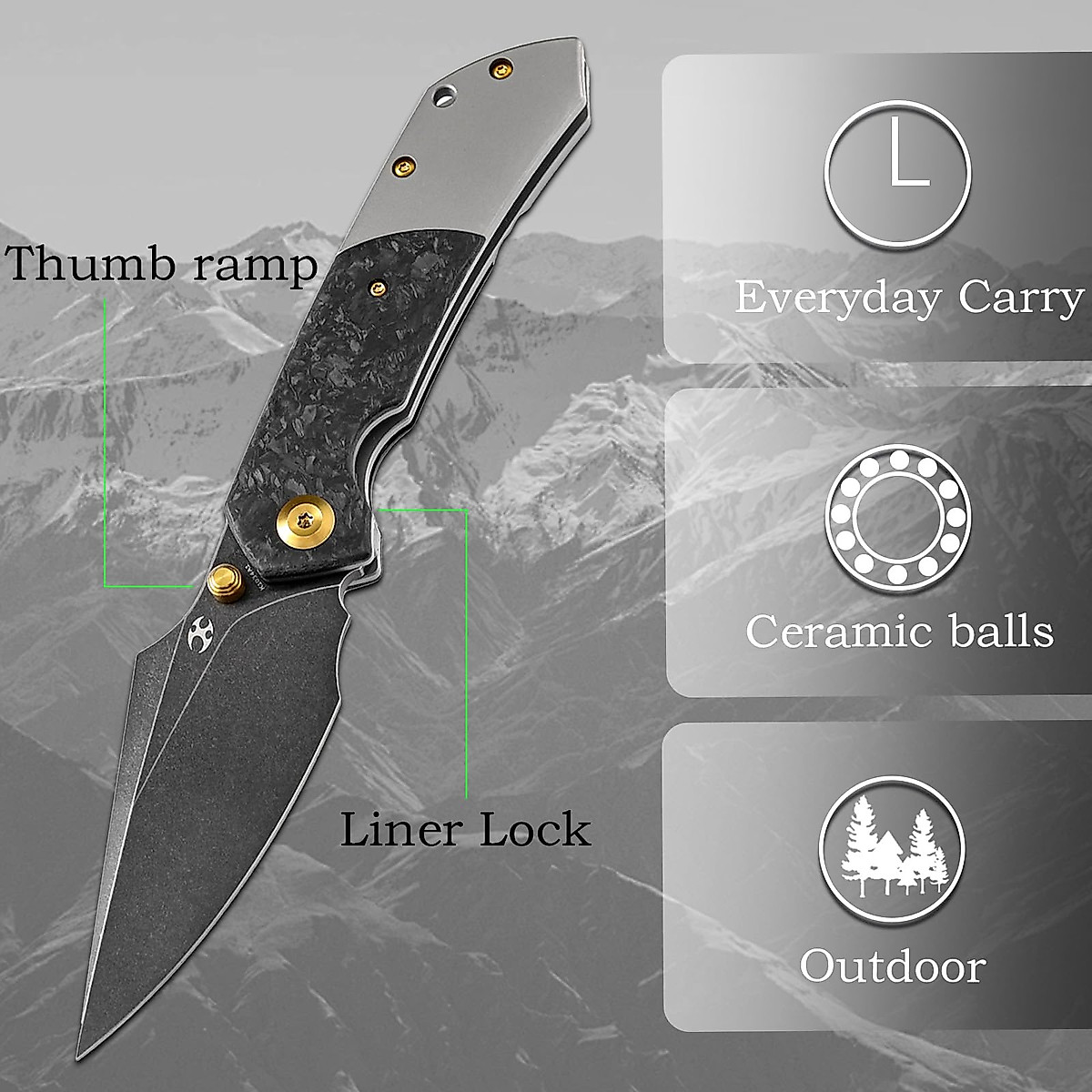 KANSEPT Fenrir Pocket Folding Knives for Men Women EDC Camping Folding Knives 3.48'' CPM-S35VN Blade with Shred Carbon Fiber Titanium Handle Everyday Carry K1034A1