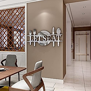 Doeean Let's Eat Sign Acrylic 3D Mirror Wall Decor Wall Decals Decorations Stickers for Kitchen or Dining Room (Silver 26.3 X 13.2)