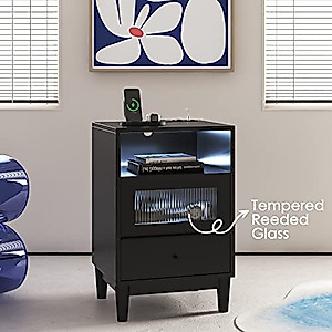 Saudism Black Nightstand with Charging Station, End Table with Glass Drawers, Night Stand with LED Lights, Wood Bedside Tables for Bedroom, 15.7”×13.7”×23.8”