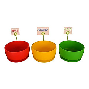 Chip and Dip Serving Set - Stick & Dip Salsa Serving Bowls Set of 3 with Fiesta Colors for Taco Party Dipping Sauce Bowls w/ Lids - Unbreakable Silicone with Suction Bottom for Guacamole or Queso