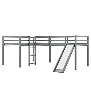 RUNWON Twin Size L-Shaped Loft Bed with Ladder and Slide for 2 Kids Teens