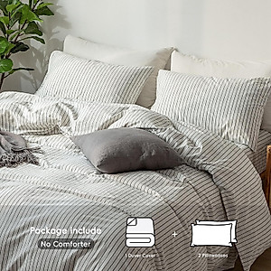 MooMee Striped Duvet Cover Set 100% Washed Cotton Linen Like Textured Breathable Durable Soft Comfy (White Dark Grey Wide Stripes, Queen)