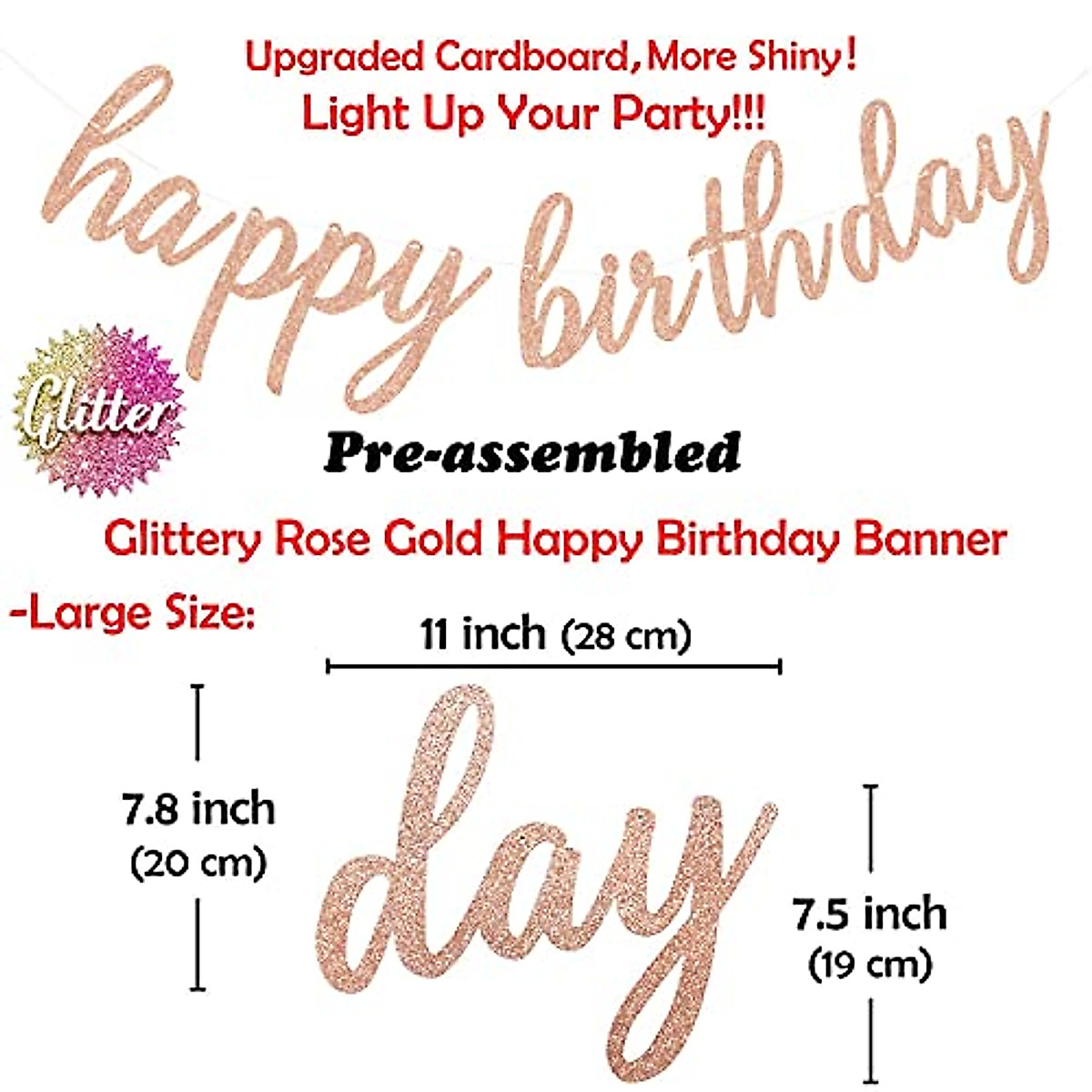 Aonor Rose Gold Birthday Party Decorations - Glittery Rose Gold Happy Birthday Banner and Tissue Paper Tassels Garland for Birthday Decorations