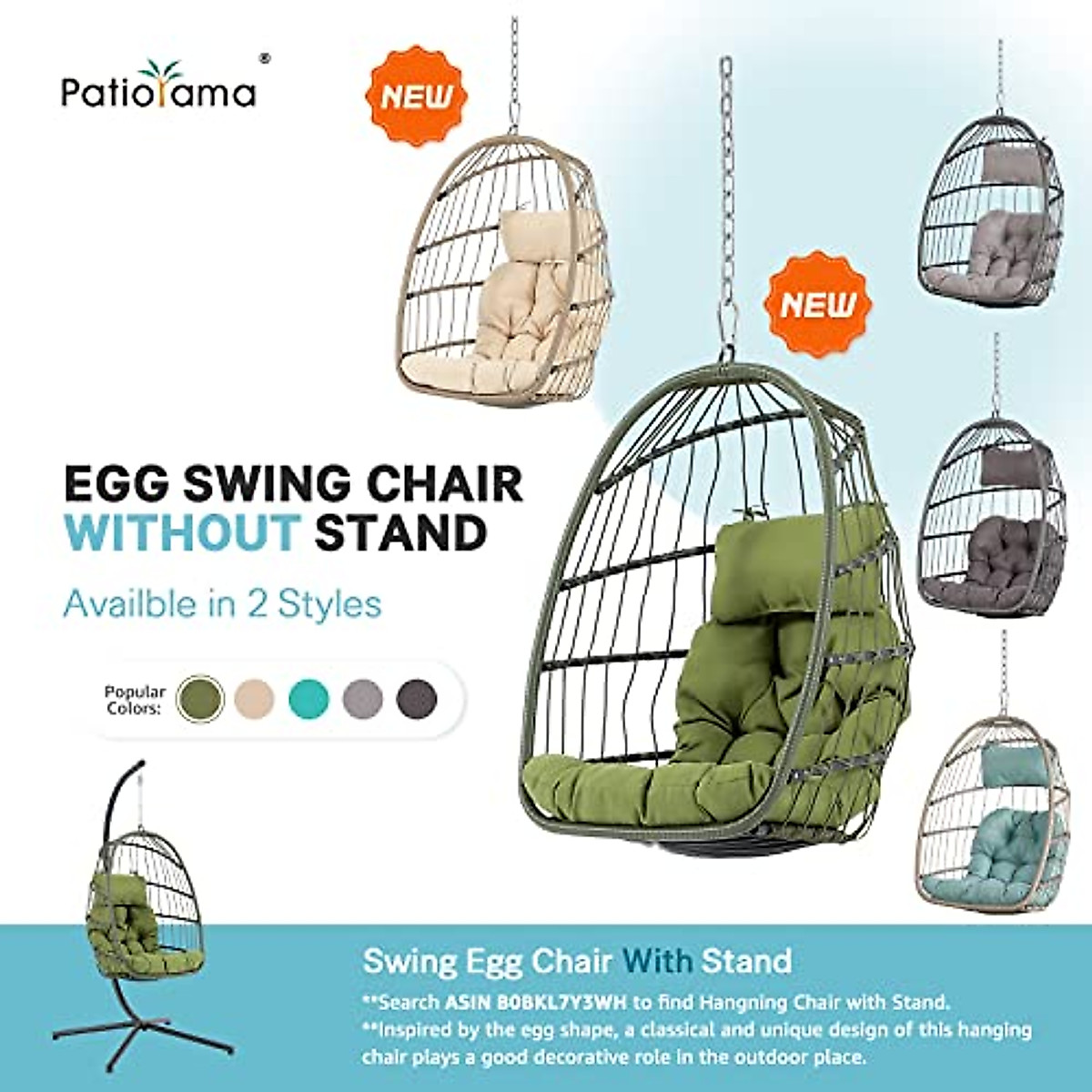 Patiorama Indoor Outdoor Egg Swing - Rattan Hanging Chair w/Cushion, 350lbs Capacity, All Weather Foldable Hammock Chair for Bedroom, Porch (Olive Green)
