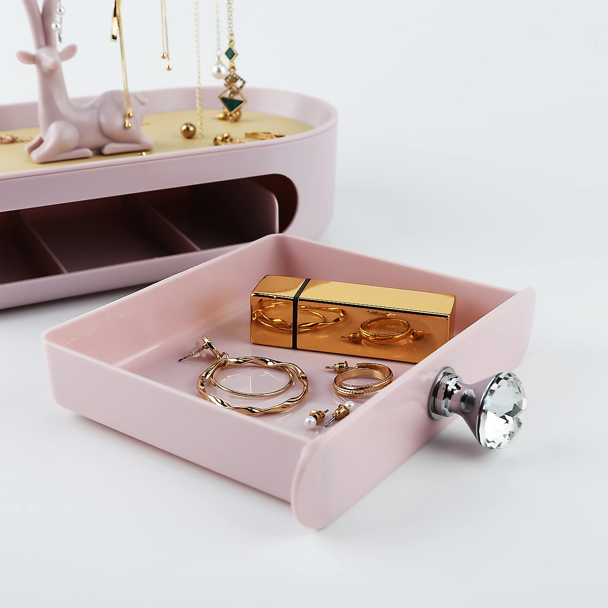 MORE&LESS Antlers Jewelry Display Stand with Drawer and Crystal Handle, Tree Tower Rack Hanging Organizer for Ring Earrings Necklace Bracelet