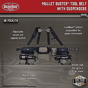 Bucket Boss Mullet Buster 3 Bag Tool Belt with Suspenders in Grey, 55135, Black, full size