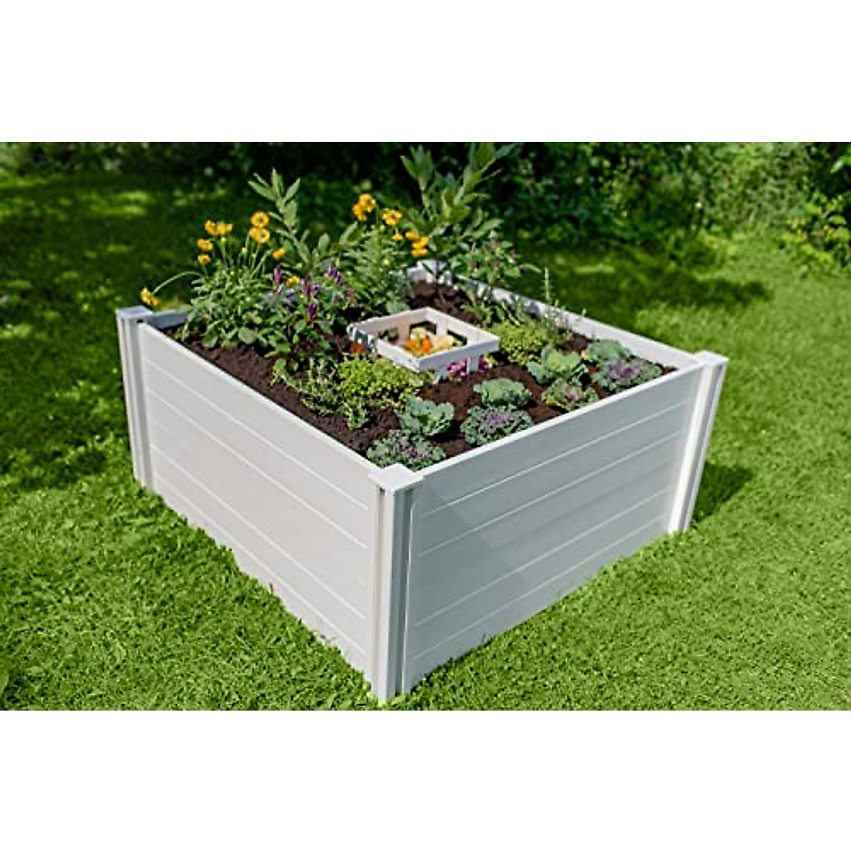 Vita Classic 4 Foot x 4 Foot x 22 inch Keyhole Garden Bed with Composting Basket, White, PVC, BPA and Pthalate Free, VT17101