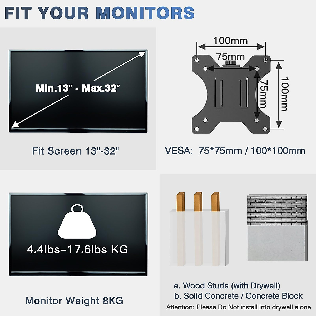ErGear Single Monitor Wall Mount for 13 to 32 Inch Computer Screens, Gas Spring Wall Monitor Arm Holds up to 17.6lbs, Adjustable Wall Monitor Mount with Tilt/Swivel/Rotation, VESA 75x75/100x100mm