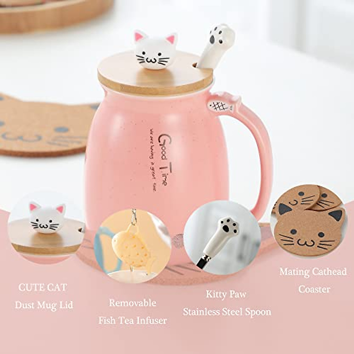 BigNoseDeer Cat Mug Cute Ceramic Coffee Mugs with Lovely Kitty Lid Cat Paw Spoon kawaii Coaster Novelty Tea Cup Pink Mug for Women Christmas Mug Mothers Day Gifts Birthday Gifts 380ML