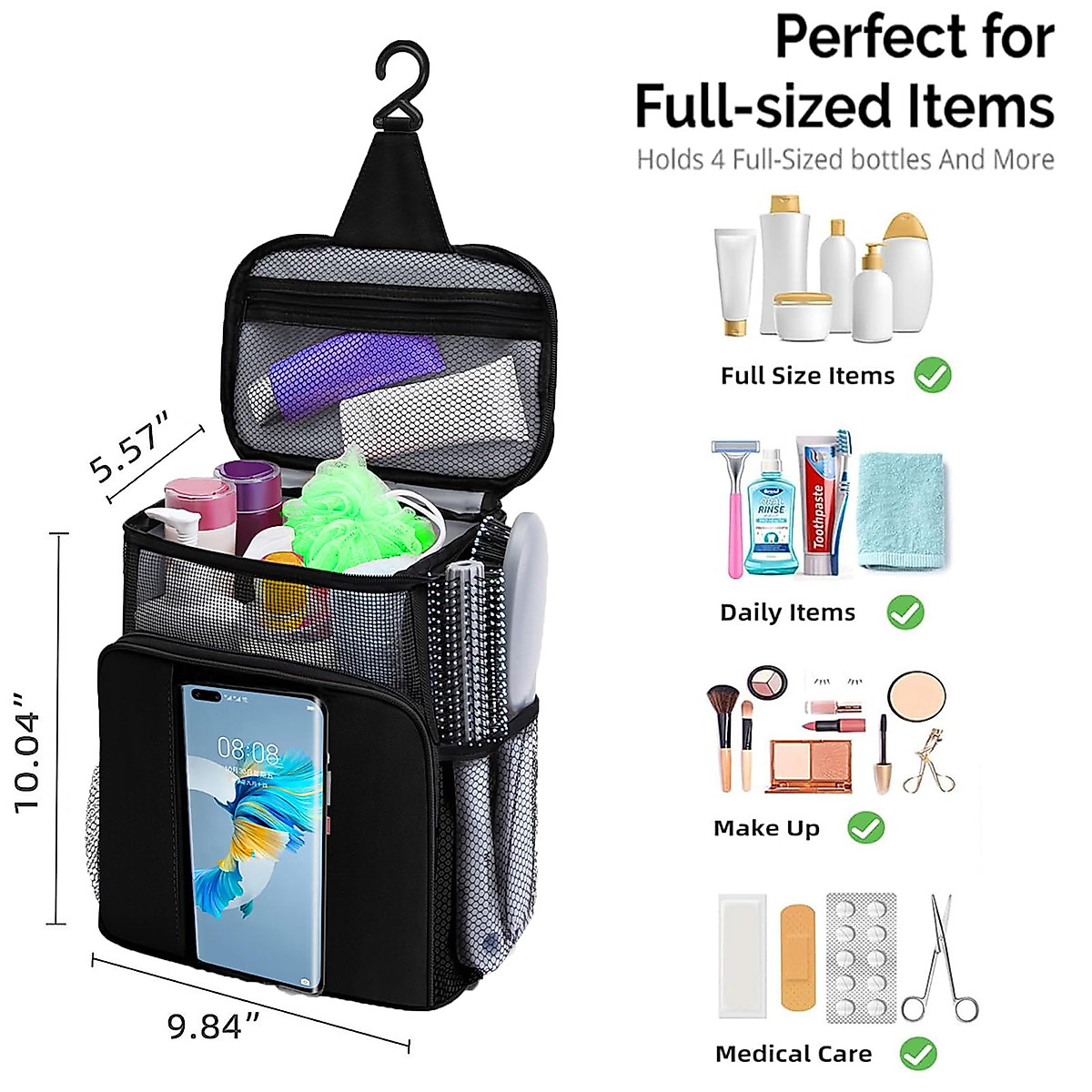 ZJSTRO Portable Shower Caddy,Dorm Room Essentials for guys girls,Hanging Toiletry Bag,College Tote Bag,Mesh Shower Caddy For Dorm,Camping,Gym,Women Men Travel Shower Bag-Black