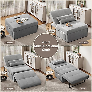 Aiho 4 in 1 Sofa Bed, Sleeper Chair Bed Convertible Chair, Assembly-Free Sofa Chair Bed with Adjustable Backrest Breathable Linen, for Living Room Apartment Office, Light Grey