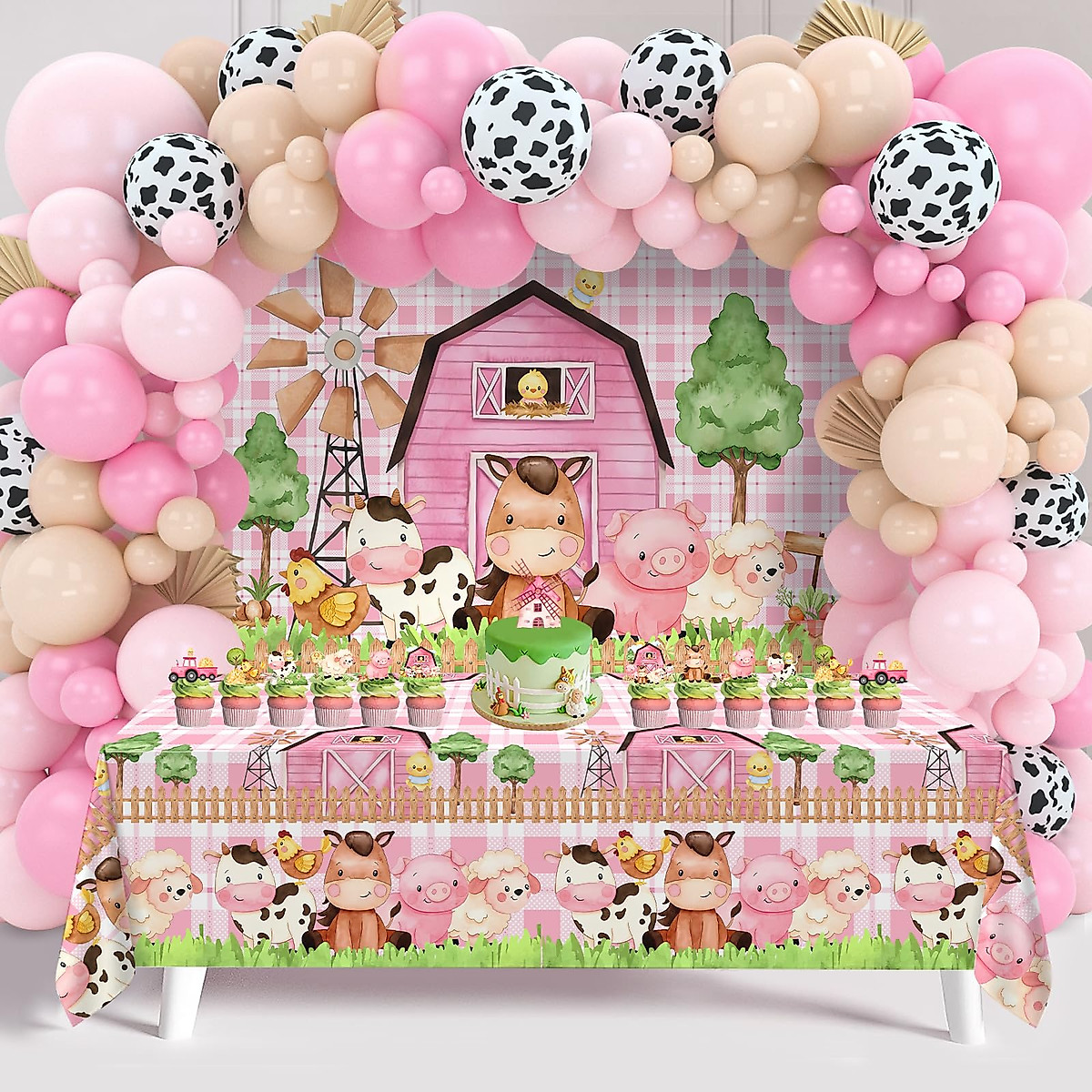 Farm Animal Themed Party Decoration for Girl,Farm Barn Animals Backdrop Banner Farmhouse Animals Decor Party Tablecloth Balloon Arch Garland Kit for Birthday Photography Baby Shower Party Supplies