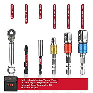P.I.T. 1/4 Inch Micro Ratchet with 1/4", 3/8", and 1/2" Drive Socket Adapter Bit Set, Impact Phillips Driver Bit Magnetic Extension Bit, For putting together furniture,scooters or bikes