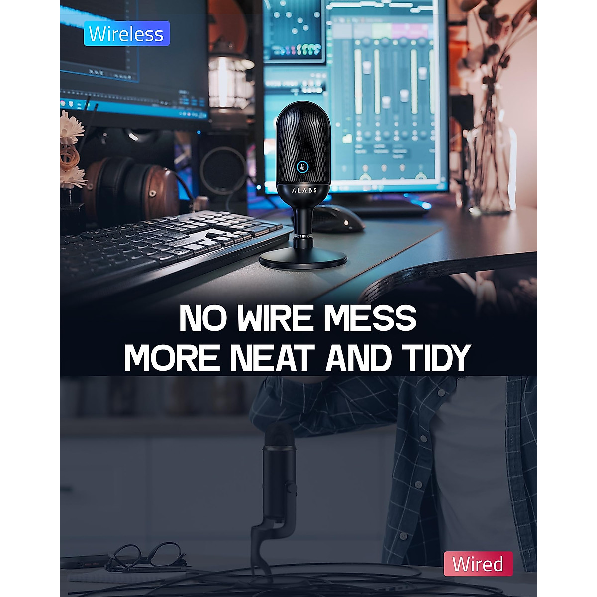 ALABS USB Wireless Cardioid Condenser Microphone for Podcast,Gaming and Home Office,100ft Signal Transmission Distance,Streaming Mic with LED Quick Mute Indicator and Noise Cancelling for PC,Mac