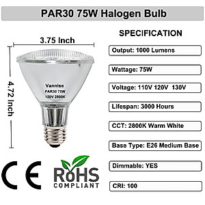 Vannise PAR30 Halogen Bulb 75W 120V, 6 Pack High Output 1000LM PAR30 Long Neck Halogen 75W with Warm White 2800K, PAR30 Dimmable, Long Lasting PAR30 Flood Light Bulb with E26 Medium Base