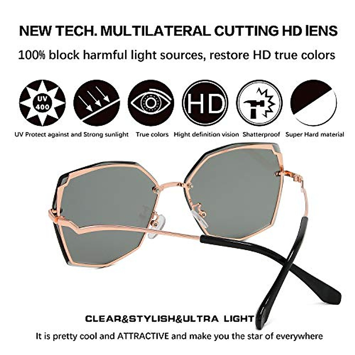 S.NOTIO Polygon Sunglasses for Women Fashion Designer Style Gradient octagon UV400 Geometric Lens Metal Frame Oversized (Grey)