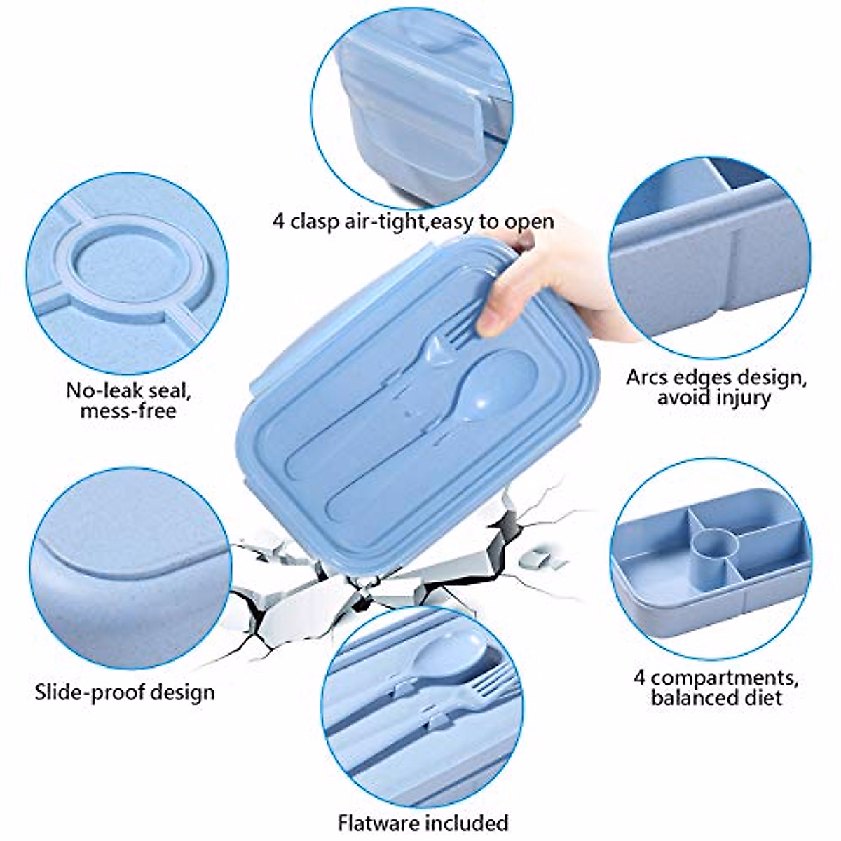 Jeopace Bento Box for Kids Lunch Containers with 4 Compartments Kids Bento Lunch Box Microwave/Freezer/Dishwasher Safe (Flatware Included,Light Blue)