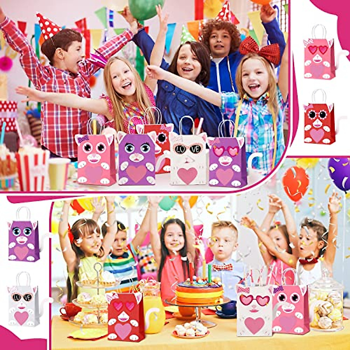12 Pcs Valentine Treat Bags for Kids, Cat DIY Valentine Candy Treat Bags Kraft Paper Gift Bags Valentine Goodie Bags with 18 Accessories for Snack Party Favor and Students Classroom Gift Exchange