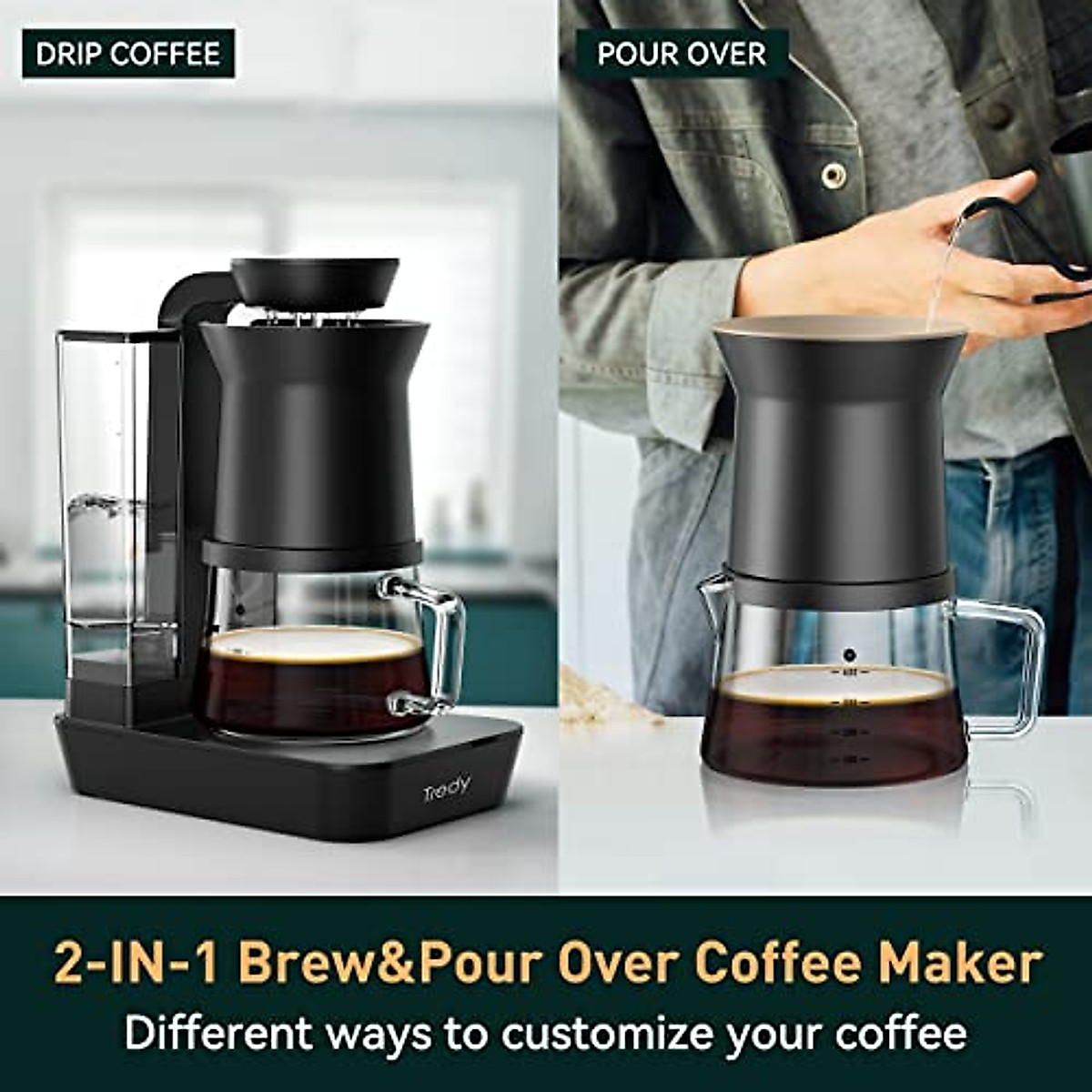 Tredy 2-in-1 Brew & Pour Over Coffee Maker, 2-Cup Automatic Coffee Maker Machine Brewer or Manual Pour Over Coffee Dripper (480ML/16OZ)
