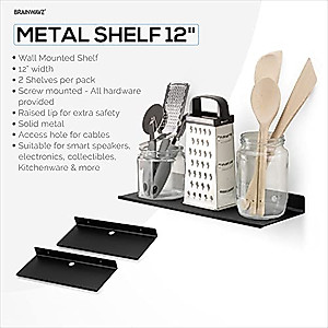 BRAINWAVZ 2-Pack 12" Floating Metal Wall Shelf for Books, Organizer, Speakers, Plants, Cameras, Books, Decor Display, Storage, Routers & More Wide Universal Holder Shelf (Black)
