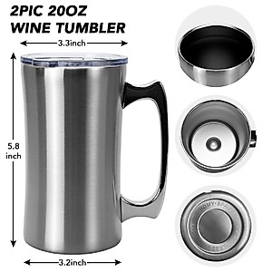 HDMY Stainless Steel Double Walled Mugs 20 oz Metal Coffee & Tea &Wine Cup Mug Insulated Cups with Handles Keep Drinks Cold or Hot Longer（Double）
