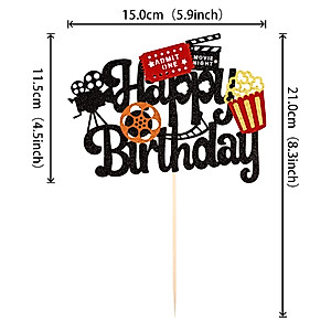 1 PCS Movie Night Cake Topper Happy Birthday Sign Cake Pick Decorations for Theater Video Recorder Roll Camera Popcorn Hollywood Theme Family Film Baby Shower Birthday Party Supplies