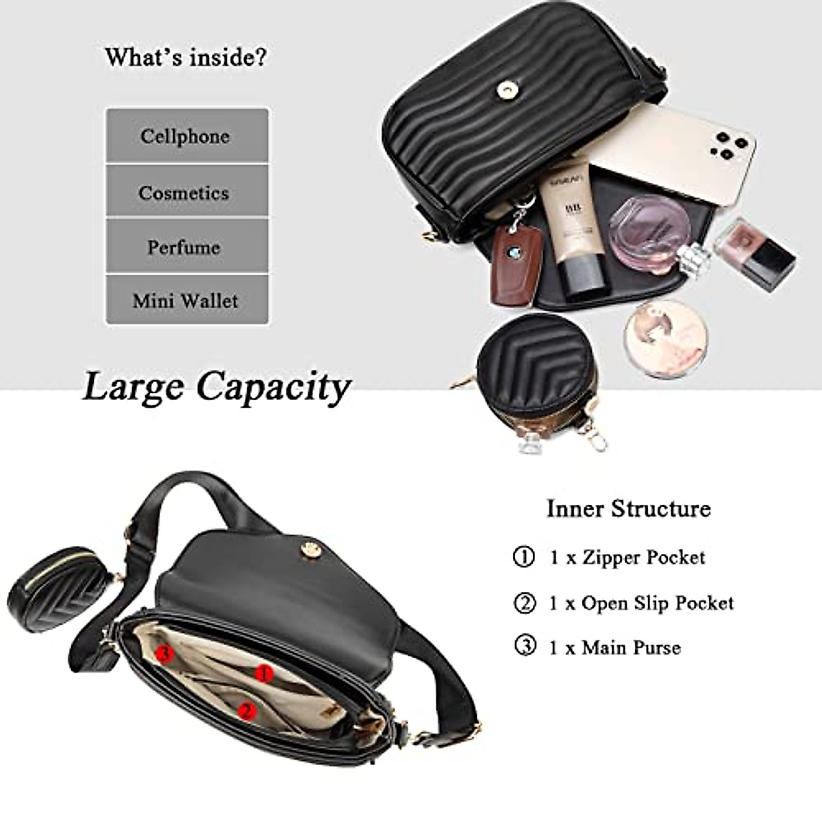 Small Quilted Crossbody Bags for Women Black Shoulder Purses Trendy Designer Handbags Multipurpose Pochette Satchel Bag witn Mini Coin Purse-2 Set