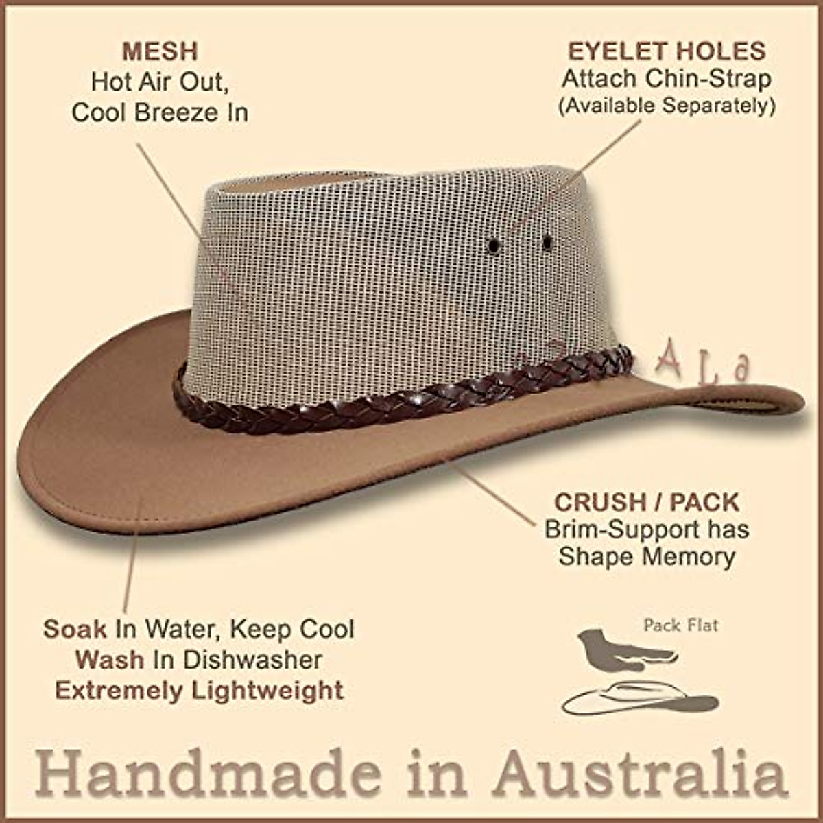 Oztrala HAT P-Leather HSRZ Felt Breezer Mesh Mens Women Cowboy Australian Jacaru Aussie Outback Western Golf Fishing Bush Camping Hiking Rizon US (7 3/8, Grey)