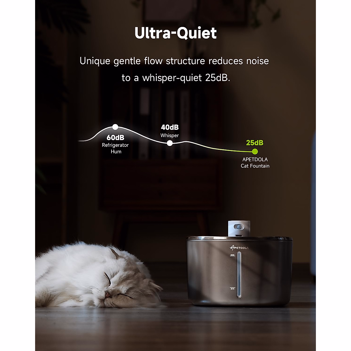 APD APETDOLA Wireless Cat Water Fountain, 135 fl oz/4L Battery Operated Cat Fountain Stainless Steel with Water Level Window, 3 Work Modes, Cordless Pet water Fountain for Cats, Dogs, Pets, Inside