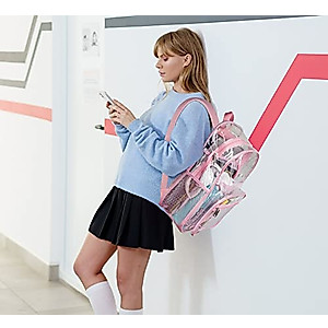 Mancro Clear Backpack for Girls, TPU Transparent Bookbag Heavy Duty See Through School Bag with 14 Inches Laptop Compartment, See Through School Backpack, Pink