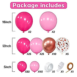 KAWKALSH 142Pcs Pink Balloon Garland Arch Kit, Hot Pink Rose Gold Metallic Confetti Balloons for Women Birthday Princess Theme Bridal Baby Shower Wedding Party Background Decorations