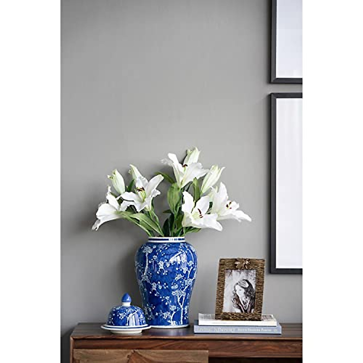 18" Porcelain Jar with Lid - Blue & White Cherry Blossom Print - Perfect for Any Room in Your Home