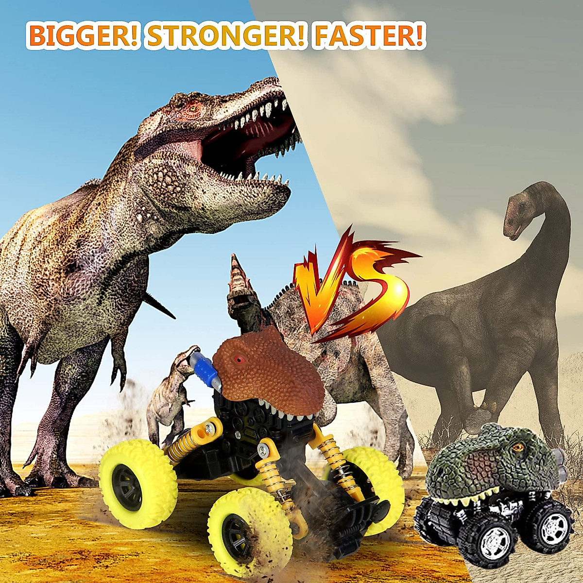 FDUFN 4 Pcs Dinosaur Toys Pull Back Cars Dino Toys for 3 Years Old and Up Boys and Girls, Toddlers Toy Age 3, 4, 5, 6, 7, 8, 9, T-Rex Dinosaur Games Monster Trucks, Christmas Birthday Gifts for Kids