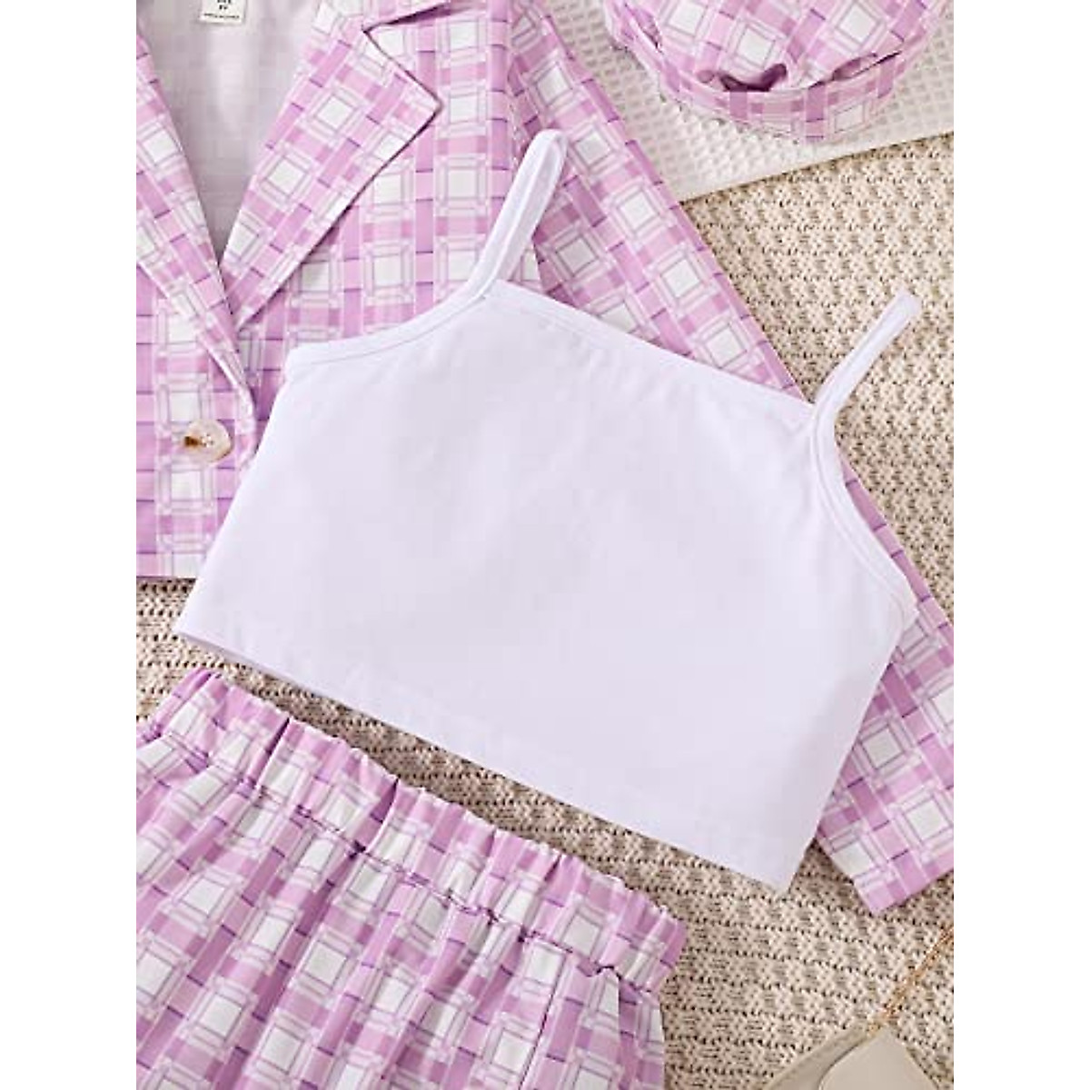 SOLY HUX Girl's Plaid Print Cami Crop Tops and Bodycon Mini Skirt with Blazer Outwear & Hat 4 Piece Outfit Purple and White 9Y
