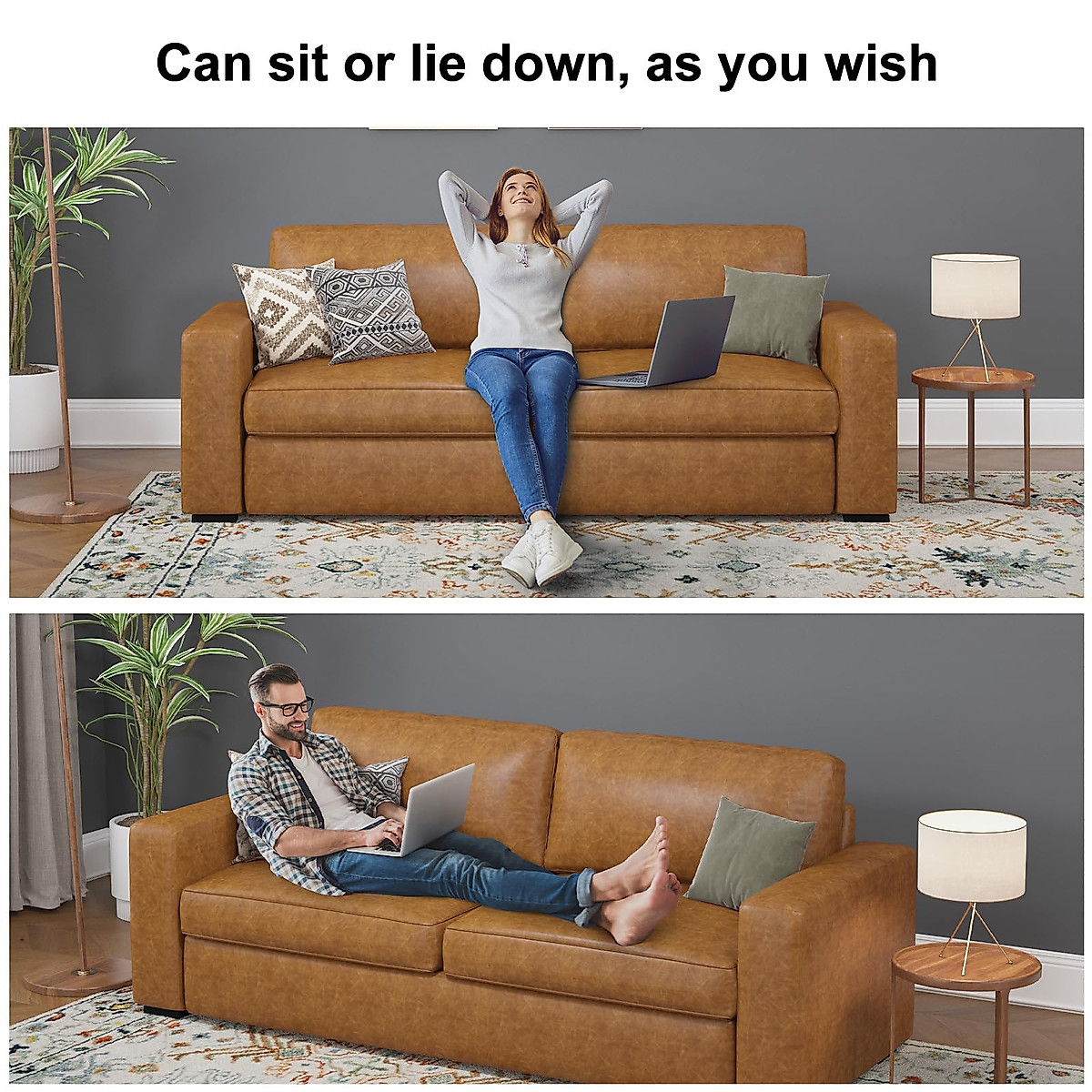 ABCASA 85" Faux Leather Couch with Padded Cushions, Mid-Century Modern Sofa with Extra Deep Seats, 3-Seater Sofa Couch for Living Room Apartment Lounge, Brown