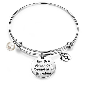 FEELMEM New Grandma Gift The Best Moms Get Promoted to Grandma Bangle Bracelet with Baby Footprint Charm (Silver)
