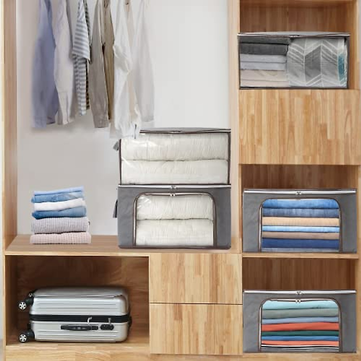 Clothes Storage Bags - Large Capacity Blanket Coats, T-shirts and Comforter Storage Bags, 3 pack Organizer Foldable Storage Cubes and Closet Clothes Storage Bins, with Reinforced Handles and Clear Window