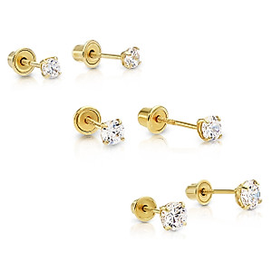14k Gold Solitaire Round Cubic Zirconia Stud 3 Pair Earring Set (3mm, 4mm, 5mm) (yellow-gold)