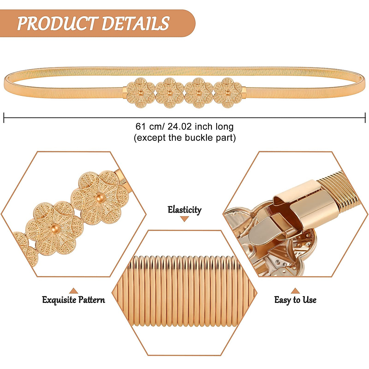 Geyoga 3 Pieces Women Elastic Waist Metal Chain Stretch Metal Dress Belt Skinny Gold Waistband for Women