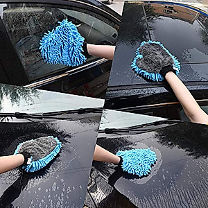 TeKX Premium Large Microfiber Chenille Car Wash Mitt and Car Wash Sponge Set (2 Pack), Washer Friendly, Soft and Scratch Free, Thumb Space Double Sided Mitt, Double Sided Sponge with Grip Band