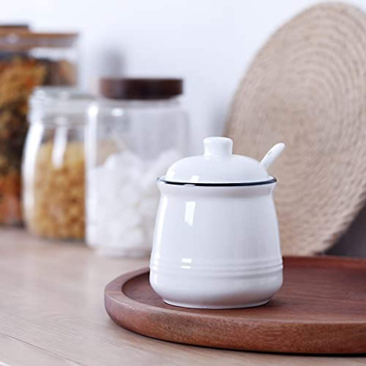 HAOTOP Porcelain Salt Bowl with Lid and Spoon,Ceramic Sugar Bowl 12oz (White)