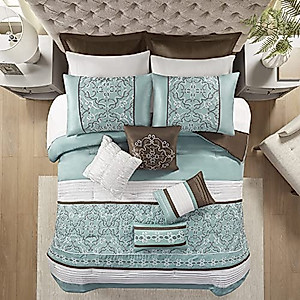 Madison Park Essentials Jelena Room in A Bag Faux Silk Comforter Classic Luxe All Season Down Alternative Bedding, Matching Bedskirt, Curtains, Decorative Pillows, Queen(90"x90"), Seafoam 24 Piece