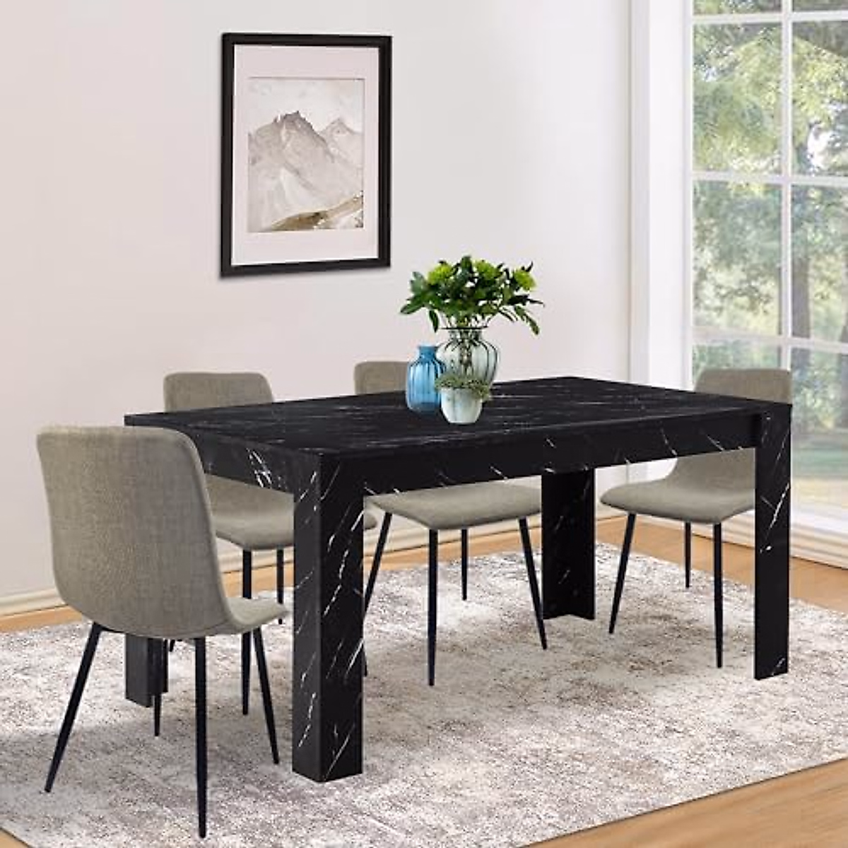 GIA Home Series 5pcs Modern Dining Set Include Rectangle 59"x35"x29.56" Faux Black Marble Wooland Table and Four Dining Chairs with Upholstered Linen Seat,Gray